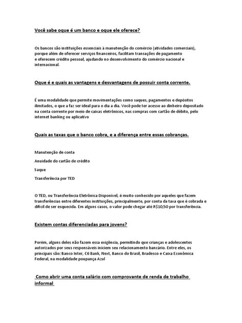 Você Sabe Oque É Um Banco E Oque Ele Oferece Pdf Conta De Transação Crédito