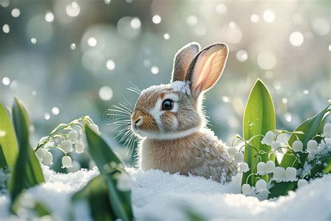 Cute Bunny Sitting Between Lily Of The Valley Spring Flowers Covered In Snow Stock Illustration