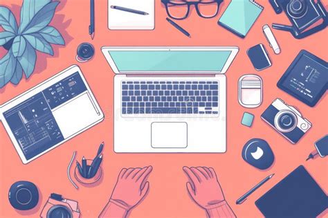 Creative Workspace Arrangement With Laptop Notepad And Camera On A Colorful Desk Generative