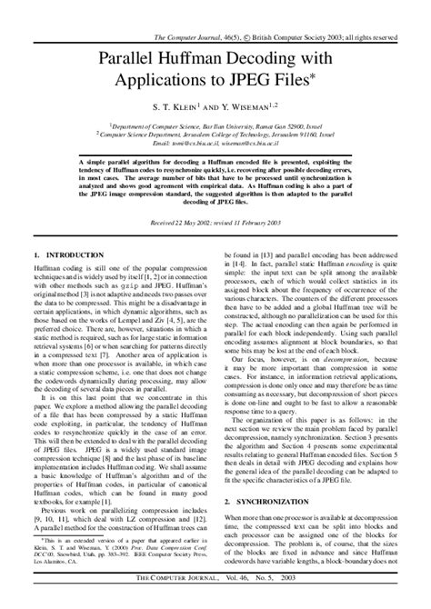 Pdf Parallel Huffman Decoding With Applications To Jpeg Files