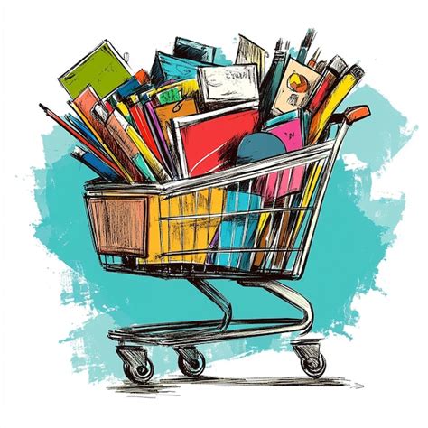 A Drawing Of A Shopping Cart With A Cart Full Of Books And A Sign That