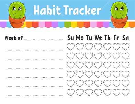 Трекер привычек для детей шаблон листа для печати с милым персонажем Премиум векторы