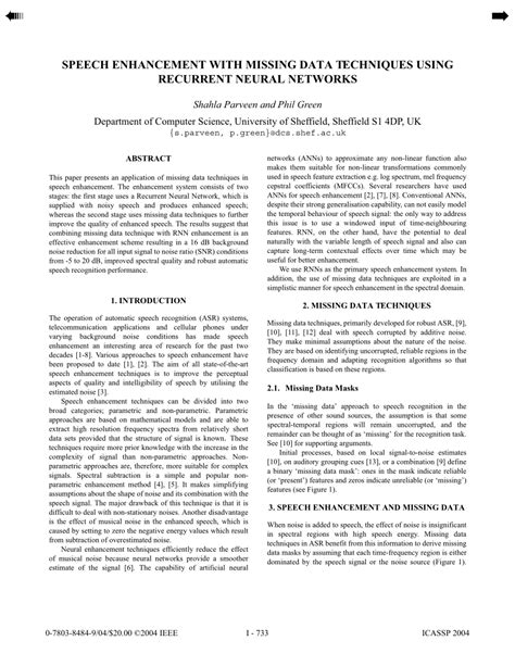 pdf speech enhancement with missing data techniques using recurrent