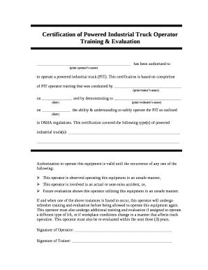 Certification Of Powered Industrial Truck Operator Blank Fillable