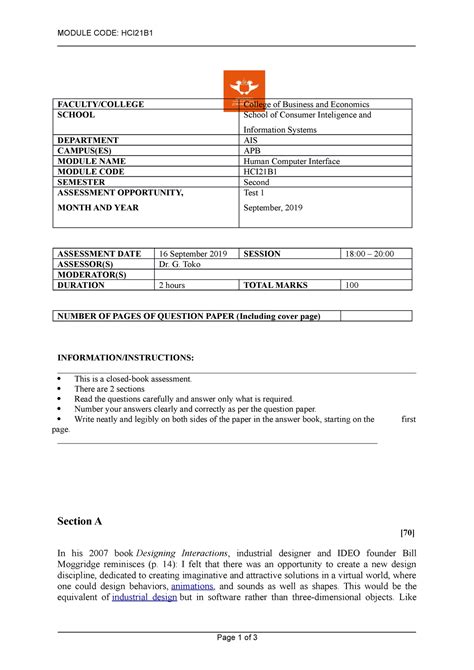 HCI B Test N A MODULE CODE HCI B FACULTY COLLEGE College Of Business And