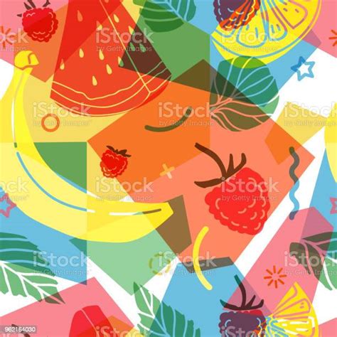 여름 시즌에 대 한 디자인 패턴입니다 실루엣 과일 레몬 딸기 민트 기하학적 입자와 추상적인 배경 자연 현대 질감 배경 막입니다 벡터 0명에 대한 스톡 벡터 아트 및 기타