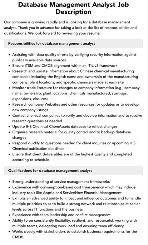 Database Management Analyst Job Description Velvet Jobs
