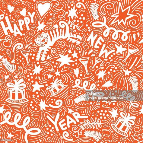 오렌지 배경에 낙서 스타일에 중국 새해 호랑이의 상징귀여운 원한 패턴 12월 31일에 대한 스톡 벡터 아트 및 기타 이미지 12월 31일 2022년 겨울 Istock