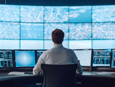 A Man Working At A High Tech Command Center Analyzing Data On Multiple Screens In A Futuristic