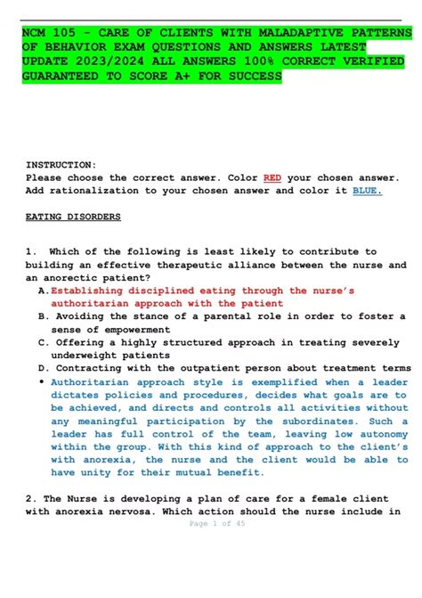 Ncm 105 Care Of Clients With Maladaptive Patterns Of Behavior Exam Questions And Answers