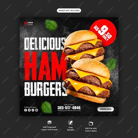 맛있는 햄버거와 음식 메뉴 소셜 미디어 배너 템플릿 무료 Psd 파일