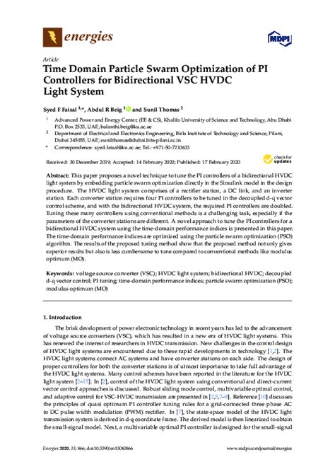 Pdf Time Domain Particle Swarm Optimization Of Pi Controllers For Bidirectional Vsc Hvdc Light