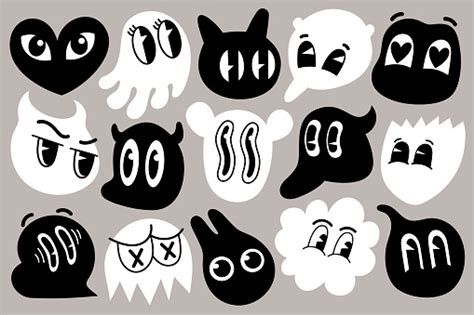 복고풍 만화 간단한 모양 재미있는 얼굴 그루비한 빈티지 30년대 60년대 70년대 미니멀리즘 얼굴과 추상적인 형태에 다양한 감정 0명에 대한 스톡 벡터 아트 및 기타 이미지