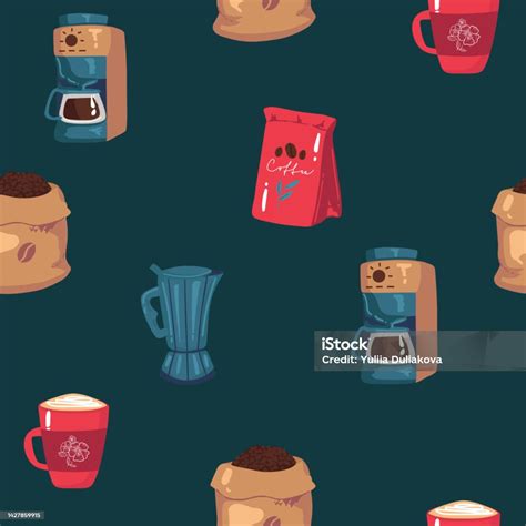 벡터 손으로 그린 스타일의 커피 메이커 패튼 커피 머그잔 냄비 및 커피 메이커 커피 원두의 다른 종류 다채롭고 따뜻한 색상