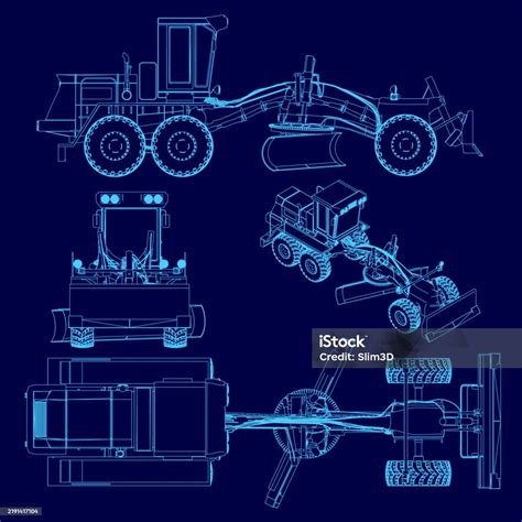 건설 차량의 파란색 그림입니다 그림은 전면에 큰 칼날이 있는 기계입니다 Draft Sports에 대한 스톡 벡터 아트 및 기타 이미지 Draft Sports