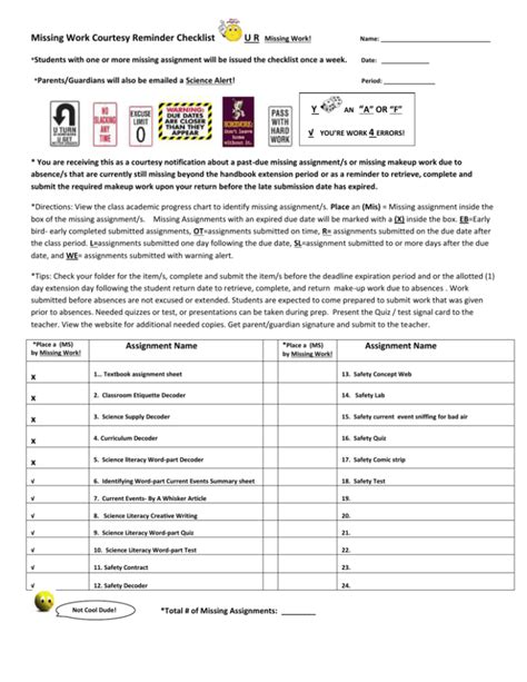Missing Work Courtesy Reminder Checklist U R Missing Work