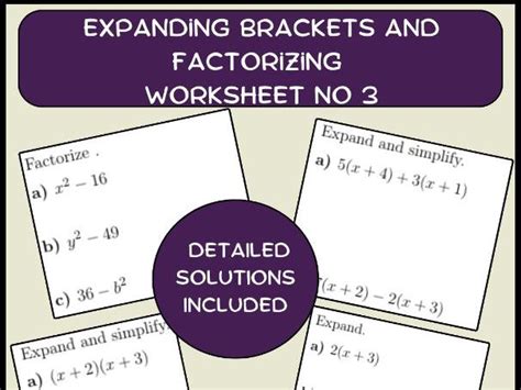 Expanding Brackets And Factorizing Worksheet No 3 With Solutions Teaching Resources