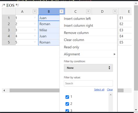 filtering key value drop down menu questions handsontable forum