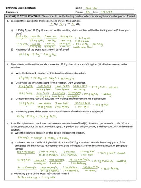 Worksheet 12 3 Limiting And Excess Reactants Download Free Pdf Chemical Reactions