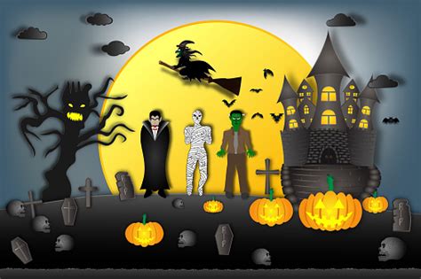 해피 데가 축제와 파티 컨셉으로 어두운 밤 할로윈과 보름달 배경에서의 유령 벡터 일러스트 레이 션 프랑켄슈타인에 대한 스톡 벡터