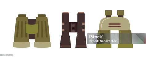 군인 군사 장비 및 광학 기기용 쌍안경 먼 물체를 보기 위한 렌즈가 있는 광학 줌 기기 평면 만화 벡터 일러스트 레이 션 감시에 대한 스톡 벡터 아트 및 기타 이미지