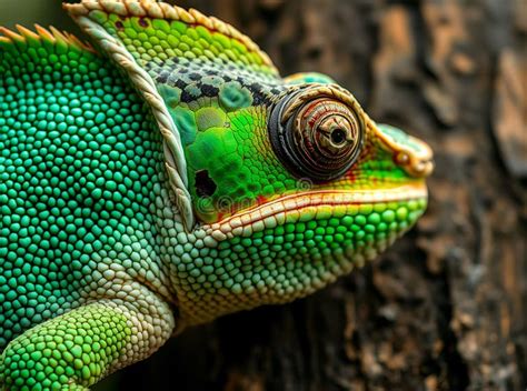 Extreme Macro Closeup Of Vibrant Green Chameleon Head Ai Generated