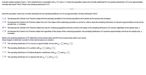 Solved A Simple Random Sample Of Size N 34 Is Obtained From Chegg