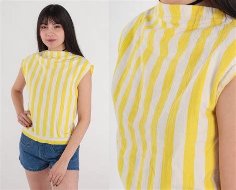 70s Striped Shirt White Yellow Top Cap Sleeve Blouse Retro Preppy Mod