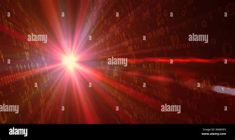 Digital Technology Concept Fiery Red Binary Code Flying From Light Source In Background Light