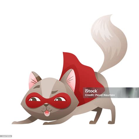회색 고양이 슈퍼 히어로 캐릭터는 빨간 망토와 마스크 으르렁 거리는 벡터 일러스트 레이 션을 입고 고양이 새끼에 대한 스톡 벡터 아트 및 기타 이미지 Istock