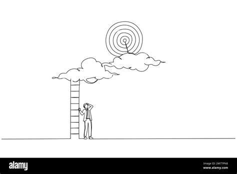 drawing of hopelessness businessman with too short ladder cannot reach