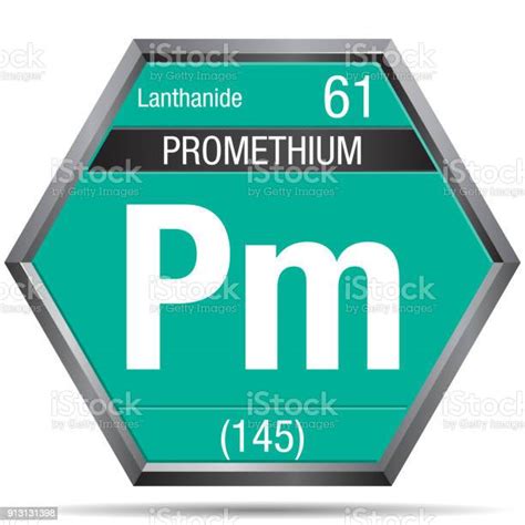 프로 메 튬 금속 프레임으로 육각형의 형태로 기호입니다 성분의 주기율표의 요소 번호 61 0명에 대한 스톡 벡터 아트 및 기타