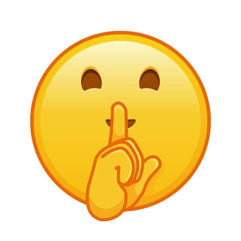 입술에 검지 손가락을 대고 있는 얼굴 큰 크기의 노란색 이모티콘 미소 프리미엄 벡터