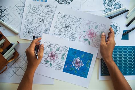 디자이너 디자인 드로잉 스케치 패턴 기하학적 꽃 원활한 벽지 직물 직물 패션 산업 예술 디자인 스튜디오 공예에 대한 스톡 사진 및 기타 이미지 Istock