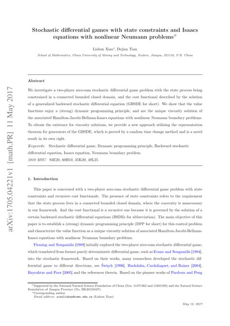 Pdf Stochastic Differential Games With State Constraints And Isaacs Equations With Nonlinear