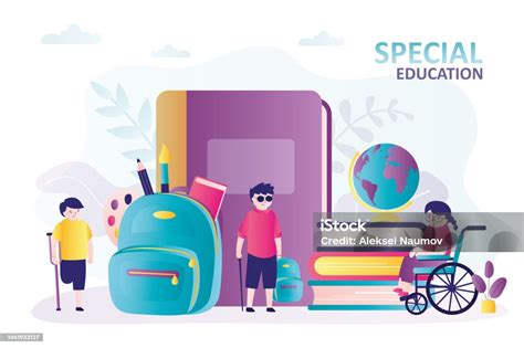 다른 장애를 가진 똑똑한 아이들은 학교에서 공부합니다 포괄적 인 교육 시스템 평등 인권 편지지와 용품이 담긴 책가방을 엽니다 거대한 교과서와 배낭 교육에 대한 스톡 벡터