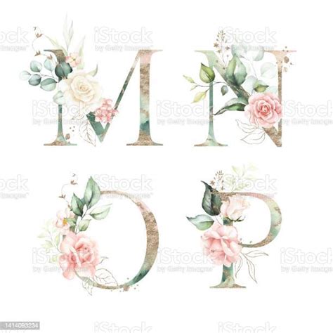 수채화 골드 그린 블러쉬 꽃 알파벳 편지 기호 문자 집합 M N O P 수채화에 대한 스톡 벡터 아트 및 기타 이미지 수채화 화관 베이비샤워 Istock