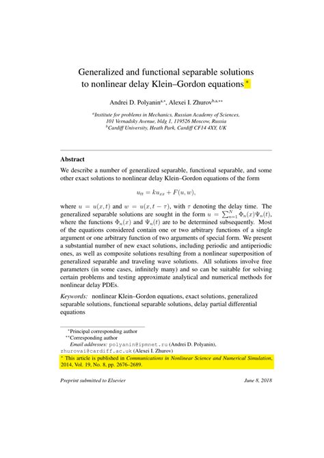 Pdf Generalized And Functional Separable Solutions To Nonlinear Delay Klein Gordon Equations