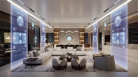 홀로그램 디스플레이 와 현대적 인 가구 가 있는 미래적 인 스마트 거실 프리미엄 사진