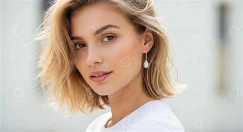 Beautiful Young Woman With Blonde Hair And Delicate Makeup Wearing A