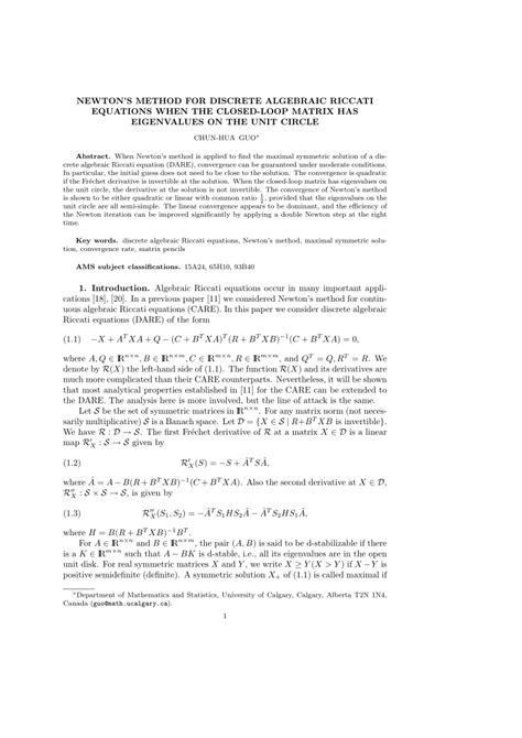 Pdf Newtons Method For Discrete Algebraic Riccati Equations When The Closed Loop Matrix Has