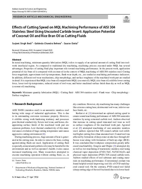 Pdf Effects Of Cutting Speed On Mql Machining Performance Of Aisi 304 Stainless Steel Using