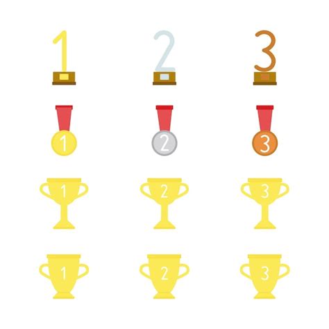 골드 컵 상 플랫 일러스트 세트 컬렉션 황금 트로피 메달 수상자 격리된 흰색 프리미엄 벡터
