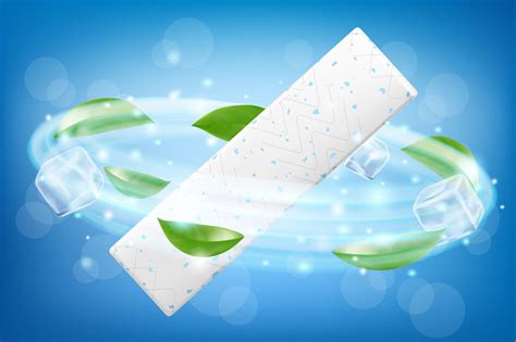 껌을 씹고 얼음 조각과 박하 잎이 있습니다 녹색 잎은 신선한 호흡을위한 스피어민트입니다 건강한 치아와 치과 위생을 위해 씹는 잇몸을 씹습니다 상쾌한 달콤한 사탕 흰색 배경에