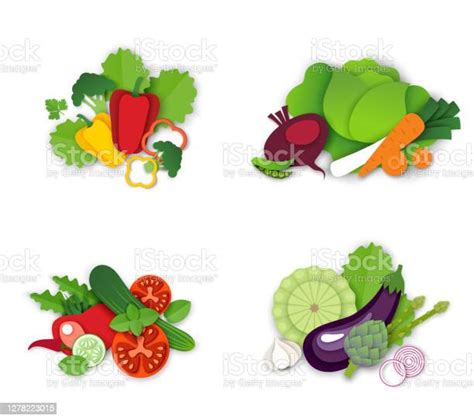 신선한 유기농 야채 조성 세트 종이 아트 스타일의 벡터 절연 일러스트레이션 건강한 채식 주의 자 음식 3차원 형태에 대한 스톡 벡터 아트 및 기타 이미지 Istock