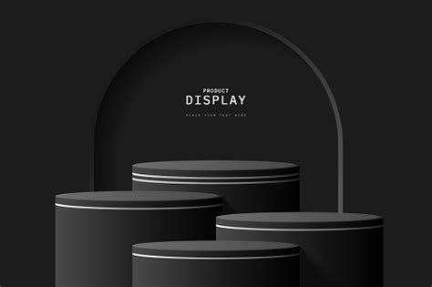 스튜디오 룸에서 추상적인 검은색 3d 배경 아치 문 모양의 배경이 있는 사실적인 3d 실린더 연단 받침대 모형 또는 제품 진열대를 위한 최소 벽 장면에서 렌더링3d 벡터