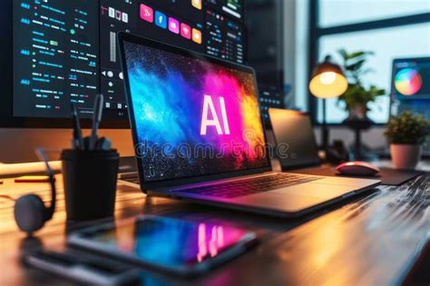 Modern Ai Workspace With Vibrant Neon Lights Representing Technology Digital Innovation And