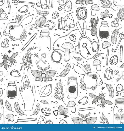 Esboce A Ilustração Sem Emenda Gráfica Do Teste Padrão Com Mão Místico E Oculto Símbolos Tirados