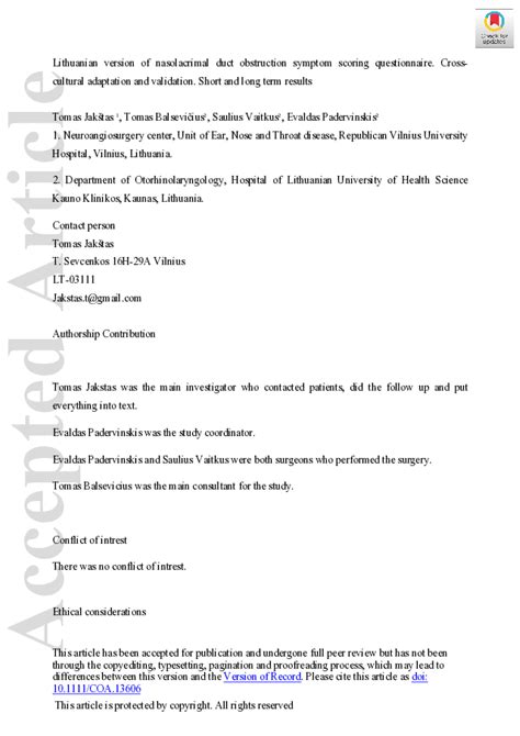 Pdf Lithuanian Version Of Nasolacrimal Duct Obstruction Symptom Scoring Questionnaire Cross