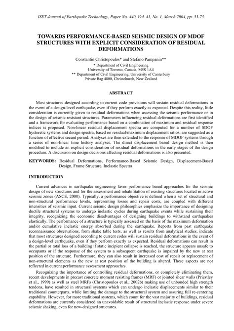 Pdf Towards Performance Based Seismic Design Of Mdof Structures With Explicit Consideration Of